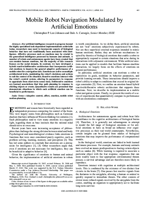 Pdf Mobile Robot Navigation Modulated By Artificial Emotions