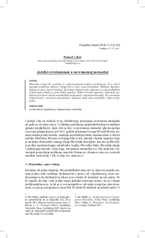 (PDF) Jezički revizionizam u suvremenoj metaetici