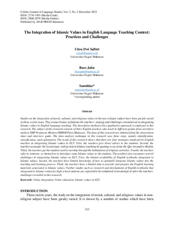 (PDF) The Integration of Islamic Values in English Language Teaching ...