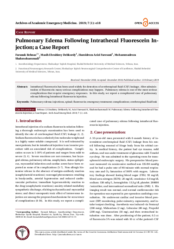 (PDF) Pulmonary Edema Following Intrathecal Fluorescein Injection; a ...