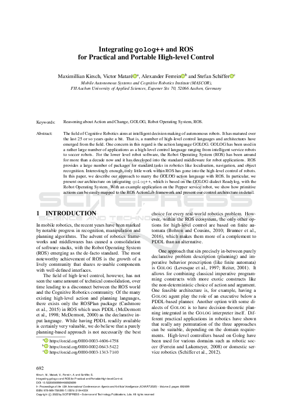 (PDF) Integrating GOLOG++ with ROS for High-Level Robot Control
