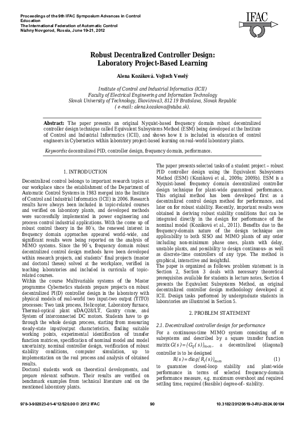 (PDF) Robust Decentralized Controller Design: Laboratory Project-Based Learning