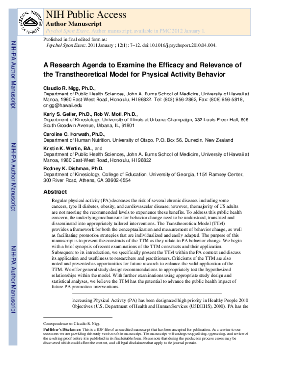 (PDF) A research agenda to examine the efficacy and relevance of the Transtheoretical Model for ...