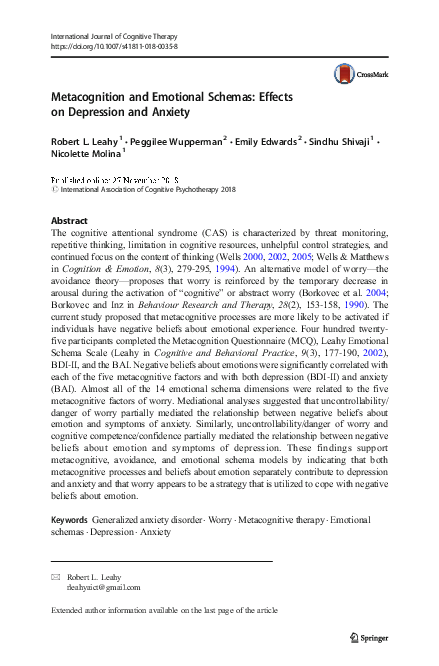 (PDF) Metacognition and Emotional Schemas: Effects on Depression and Anxiety