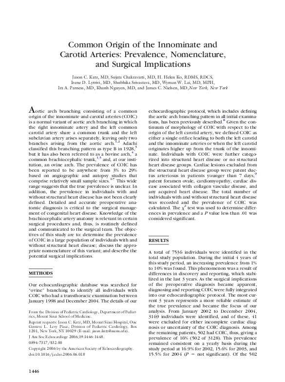 (PDF) Common Origin of the Innominate and Carotid Arteries: Prevalence ...