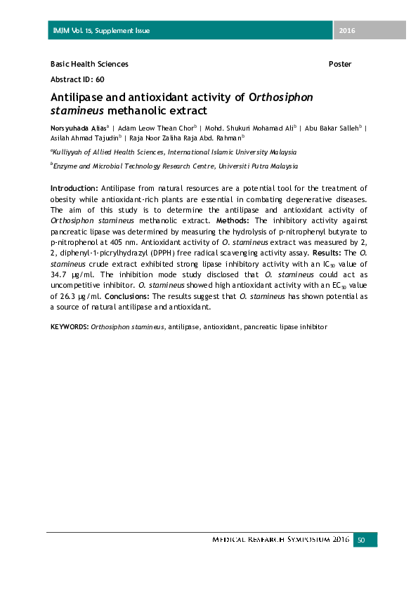 (PDF) Antilipase and antioxidant activity of Orthosiphon stamineus ...