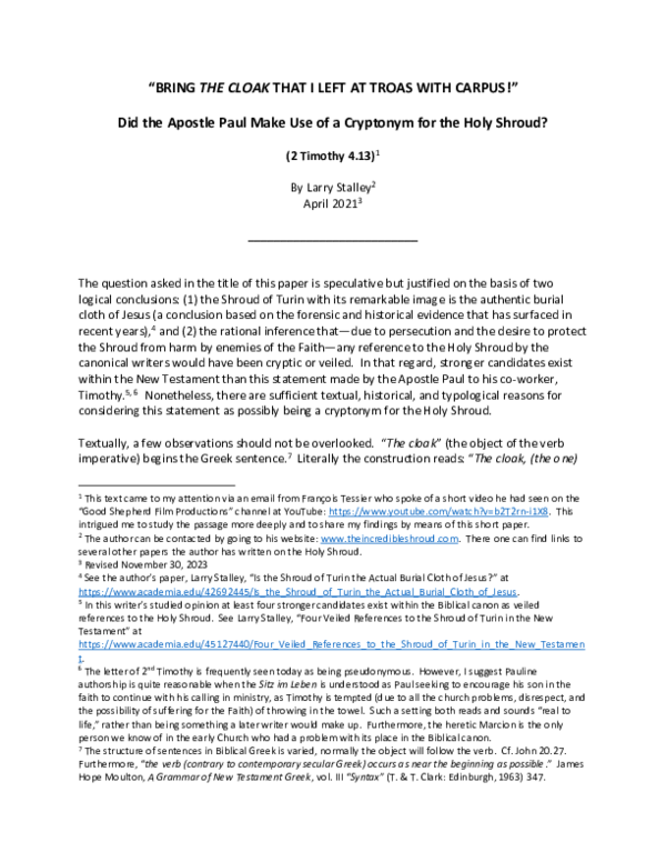 (PDF) "BRING THE CLOAK THAT I LEFT AT TROAS WITH CARPUS!" Did the ...