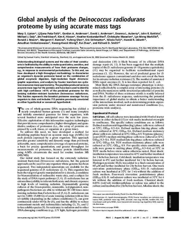 (PDF) Global analysis of the Deinococcus radiodurans proteome by using accurate mass tags | Kim ...