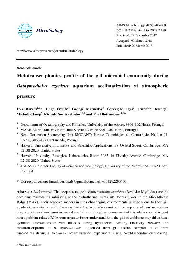 Pdf Metatranscriptomics Profile Of The Gill Microbial Community During Bathymodiolus Azoricus