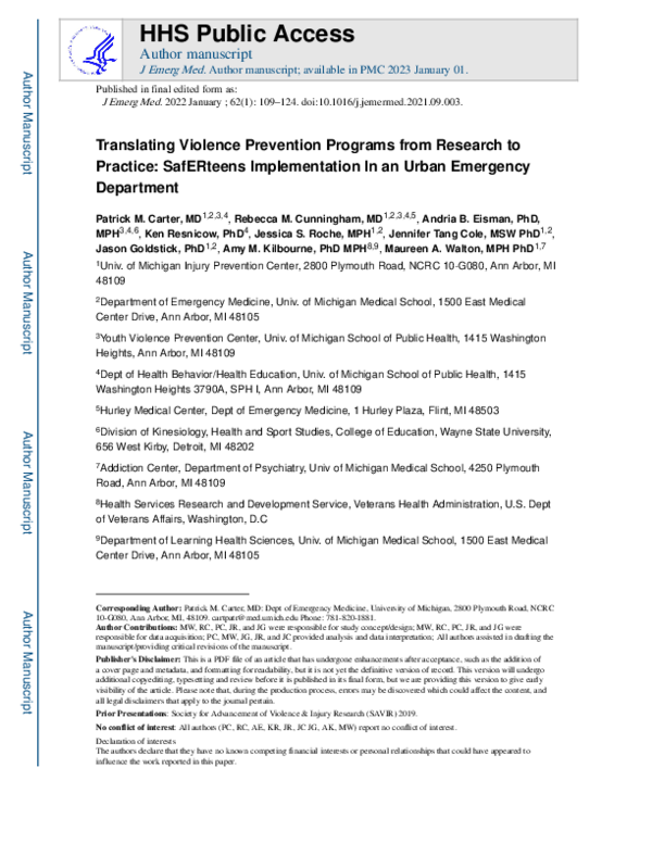 (PDF) Translating Violence Prevention Programs from Research to ...