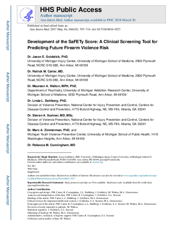 (PDF) Development of the SaFETy Score: A Clinical Screening Tool for ...