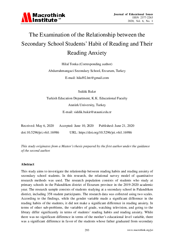 (PDF) The Examination of the Relationship between the Secondary School Students’ Habit of ...