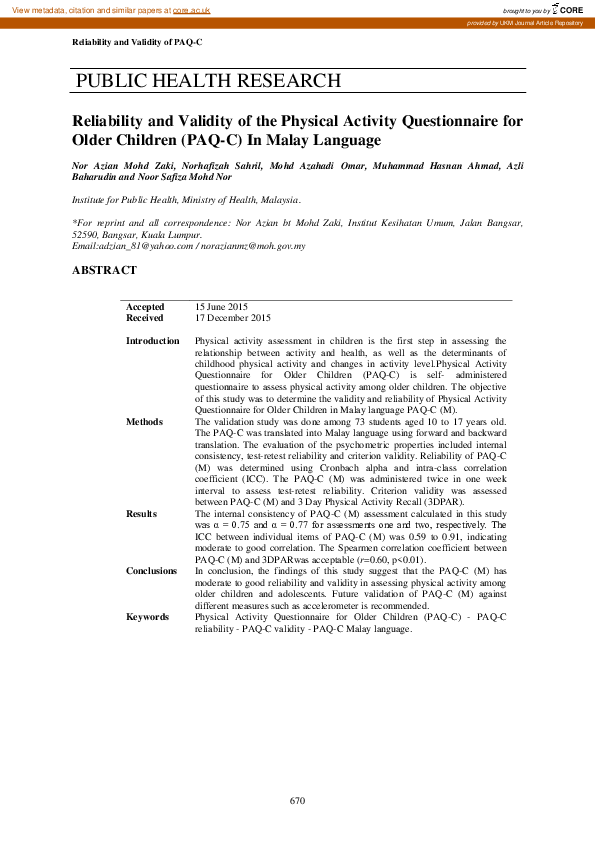 (PDF) Reliability and Validity of the Physical Activity Questionnaire for Older Children (PAQ-C ...