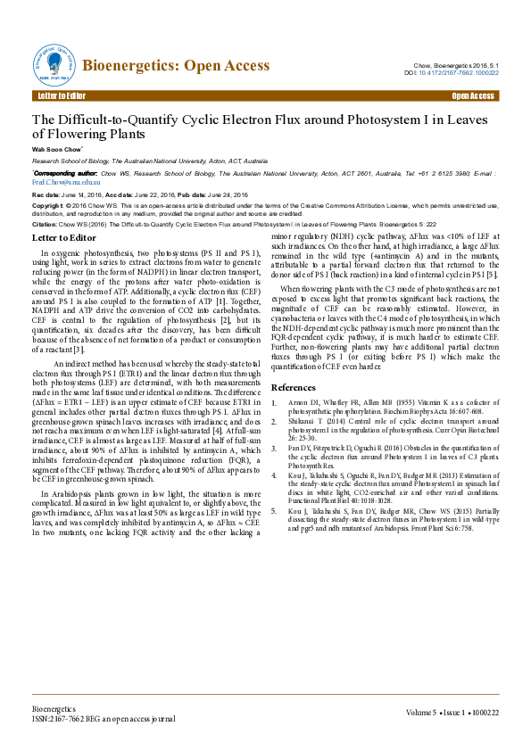 (PDF) The Difficult-to-Quantify Cyclic Electron Flux around Photosystem ...