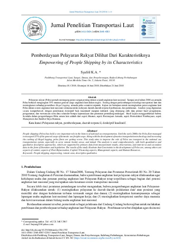 (PDF) Pemberdayaan Pelayaran Rakyat Dilihat Dari Karakteristiknya