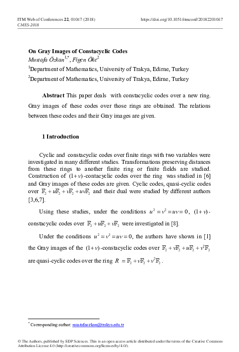 (PDF) On Gray Images of Constacyclic Codes | mustafa özkan - Academia.edu