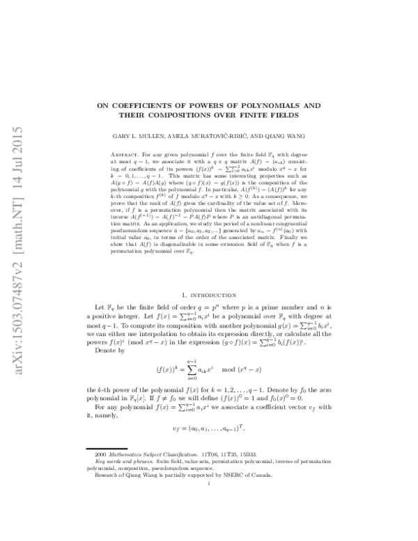 (PDF) On coefficients of powers of polynomials and their compositions over finite fields | Amela ...