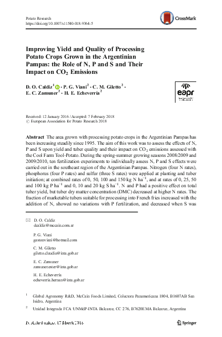 (PDF) Improving Yield and Quality of Processing Potato Crops Grown in the Argentinian Pampas ...