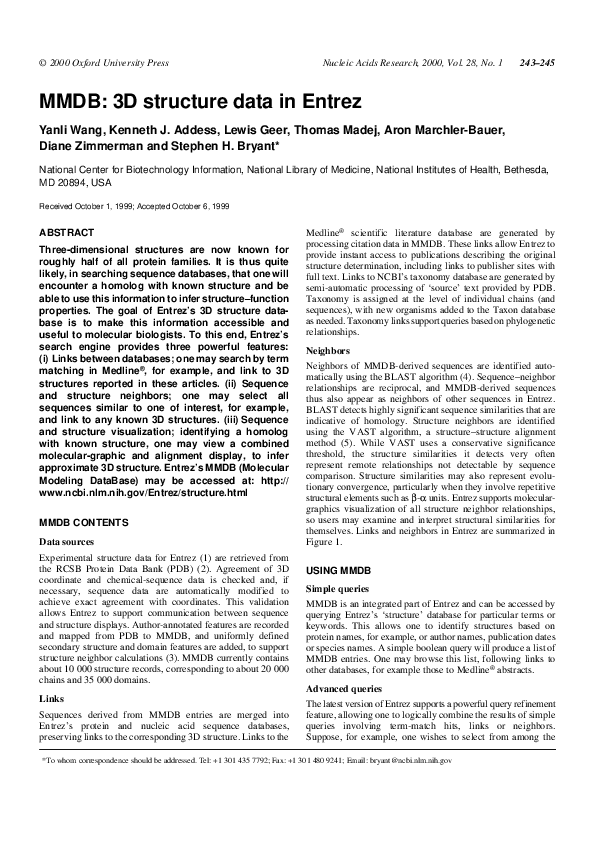 (PDF) MMDB: 3D structure data in Entrez