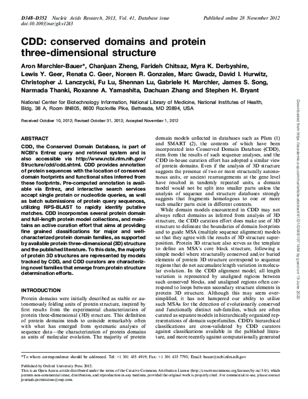 (PDF) CDD: conserved domains and protein three-dimensional structure