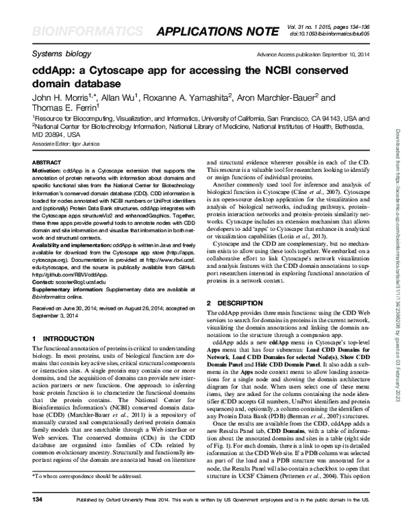 Pdf Cddapp A Cytoscape App For Accessing The Ncbi Conserved Domain Database Aron Marchler