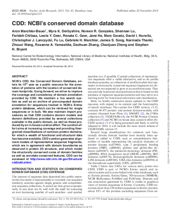 (PDF) CDD: NCBI's conserved domain database | Aron Marchler-bauer - Academia.edu
