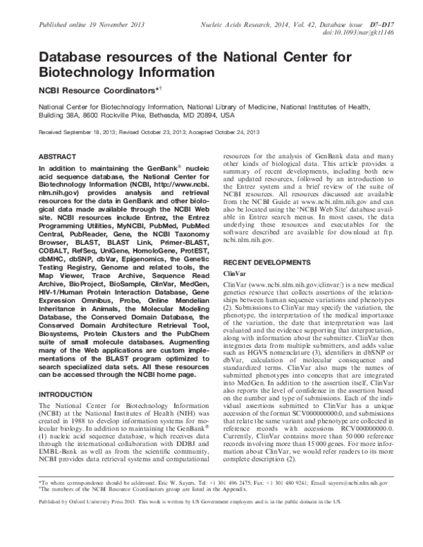 (PDF) Database resources of the National Center for Biotechnology ...