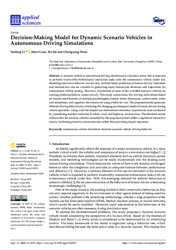 Pdf Decision Making Model For Dynamic Scenario Vehicles In Autonomous