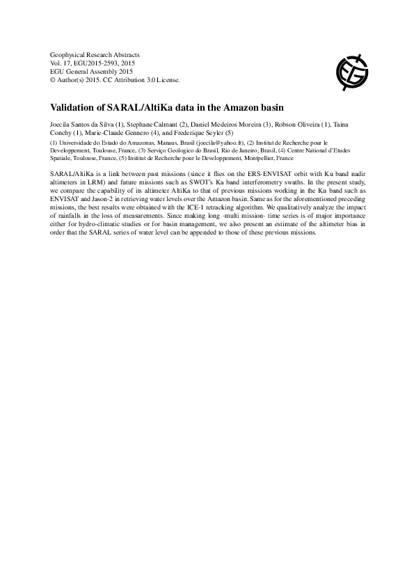 (PDF) Validation of SARAL/AltiKa data in the Amazon basin