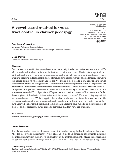 (PDF) A vowel-based method for vocal tract control in clarinet pedagogy