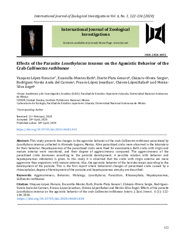 (PDF) Effects of the Parasite Loxothylacus texanus on the Agonistic ...