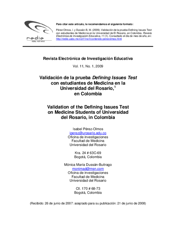 (PDF) Validación de la prueba Defining Issues Test con estudiantes de ...