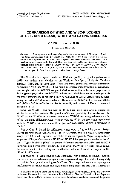 (PDF) Comparison of WISC and WISC-R scores of referred black, white and ...