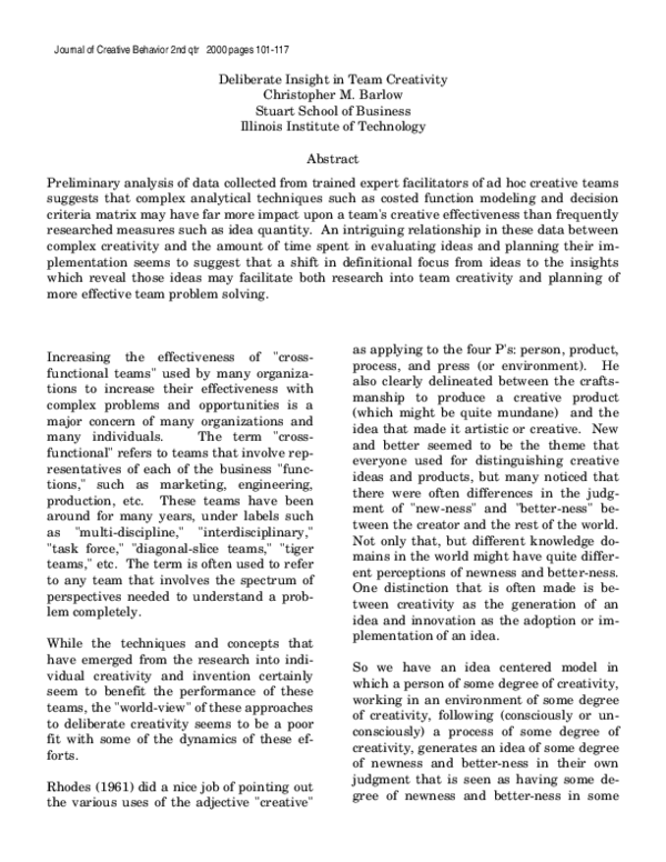 (PDF) Deliberate Insight in Team Creativity