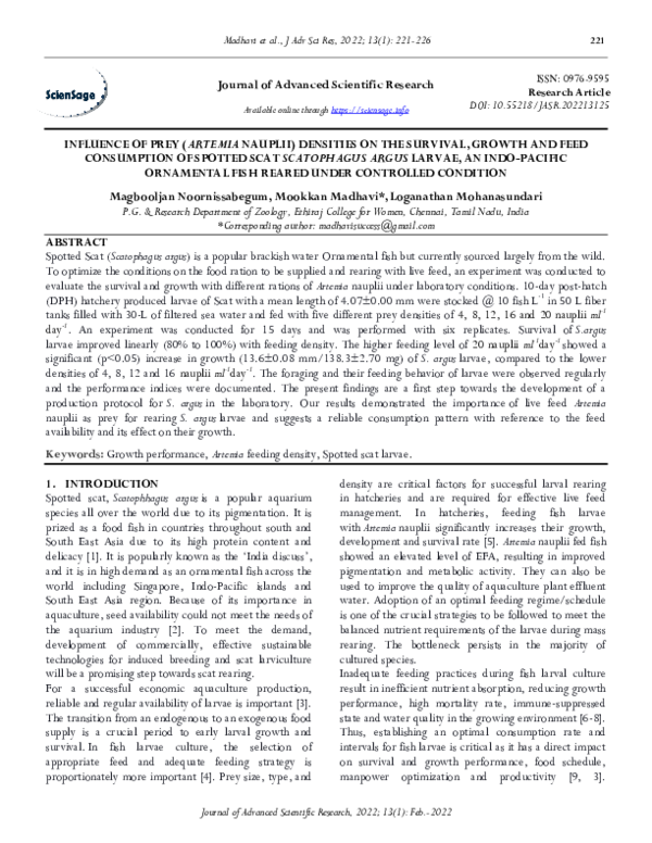 (PDF) Influence of Prey (Artemia Nauplii) Densities on the Survival, Growth and Feed Consumption ...