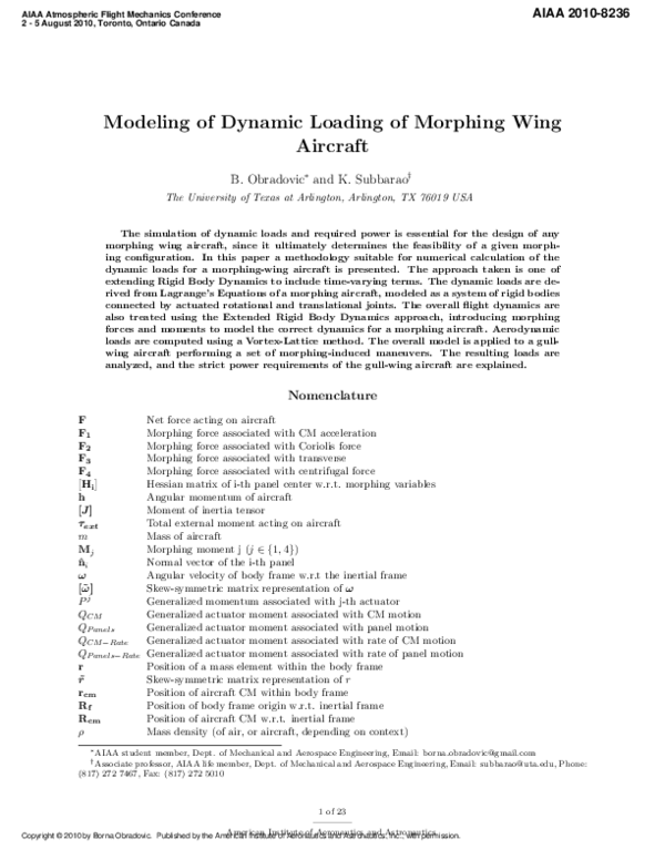 (PDF) Modeling of Dynamic Loading of Morphing-Wing Aircraft | Borna Obradovic - Academia.edu