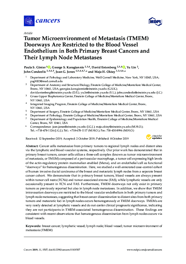 (PDF) Tumor Microenvironment of Metastasis (TMEM) Doorways Are ...