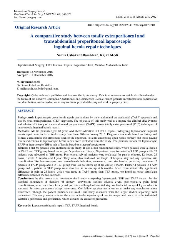 (PDF) A comparative study between totally extraperitoneal and transabdominal preperitoneal ...