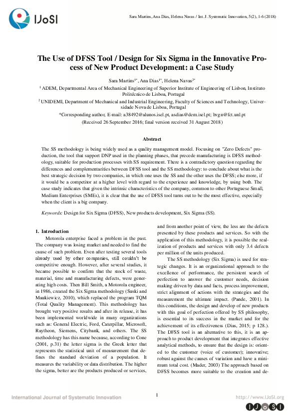 Pdf The Use Of Dfss Tool Design For Six Sigma In The Innovative