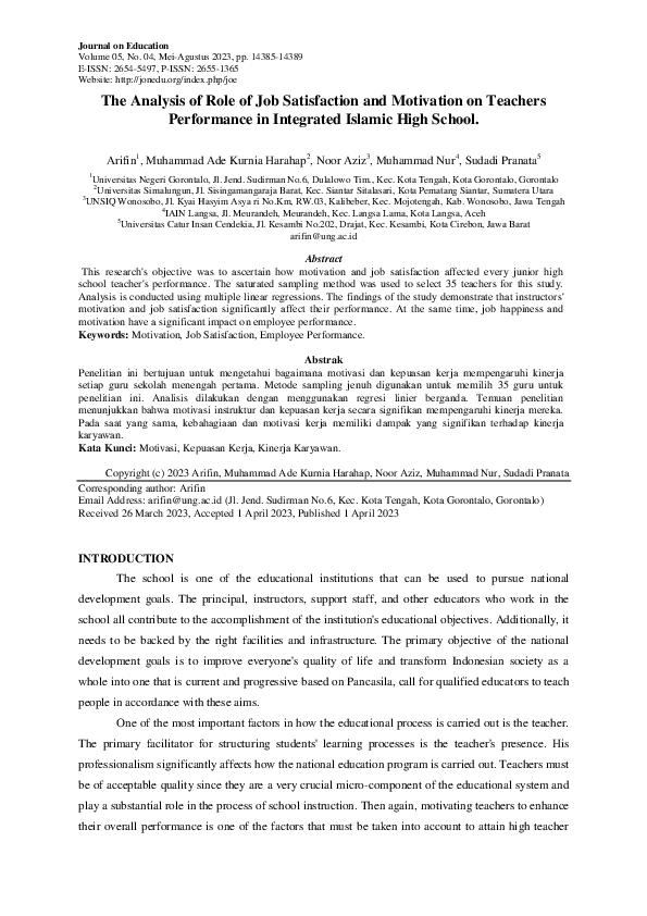 (PDF) The Analysis of Role of Job Satisfaction and Motivation on Teachers Performance in ...
