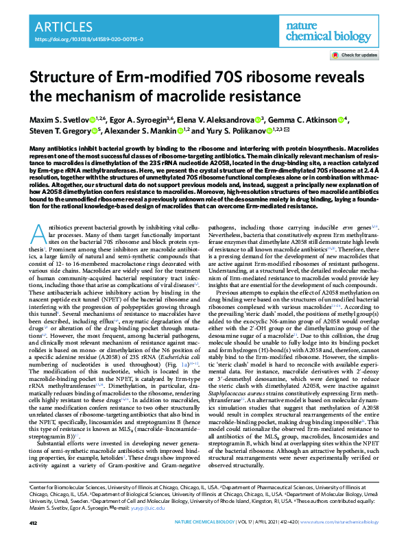 (PDF) Structure of Erm-modified 70S ribosome reveals the mechanism of ...