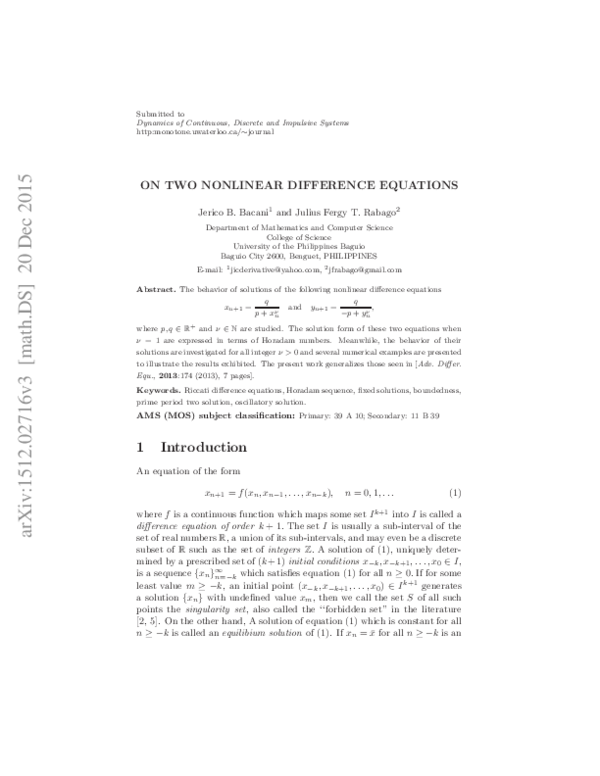 (PDF) On Two Nonlinear Difference Equations