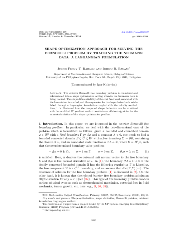 (PDF) Shape optimization approach for solving the Bernoulli problem by tracking the Neumann data ...