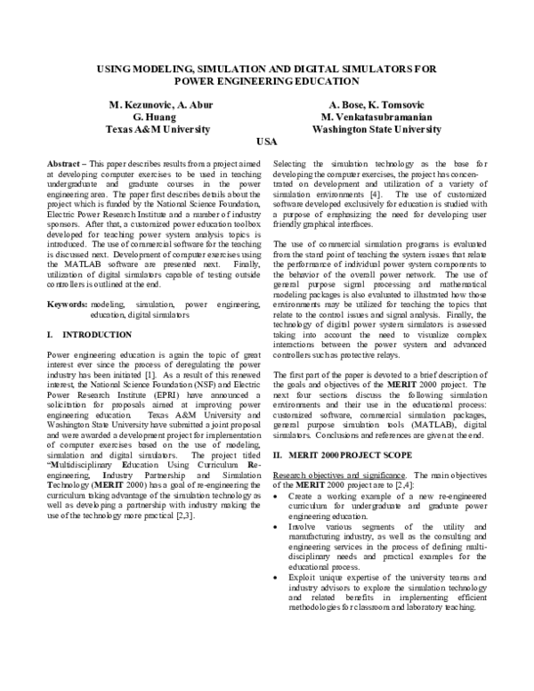 (PDF) Using modeling, simulation and digital simulators for power engineering education