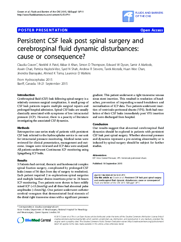 (PDF) Persistent CSF leak post spinal surgery and cerebrospinal fluid ...