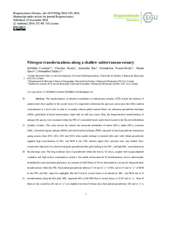 (PDF) Nitrogen transformations along a shallow subterranean estuary