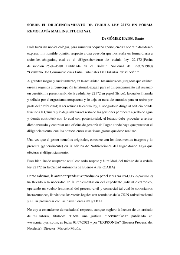 (PDF) SOBRE EL DILIGENCIAMIENTO DE CEDULA LEY 22172 EN FORMA REMOTA VÍA MAIL INSTITUCIONAL