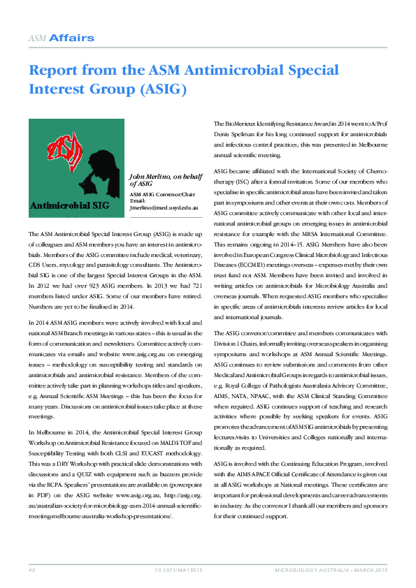 (PDF) Report from the ASM Antimicrobial Special Interest Group (ASIG) | John Merlino - Academia.edu