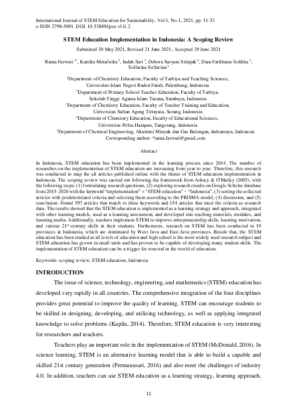 (PDF) STEM Education Implementation in Indonesia: A Scoping Review | Indah Sari - Academia.edu