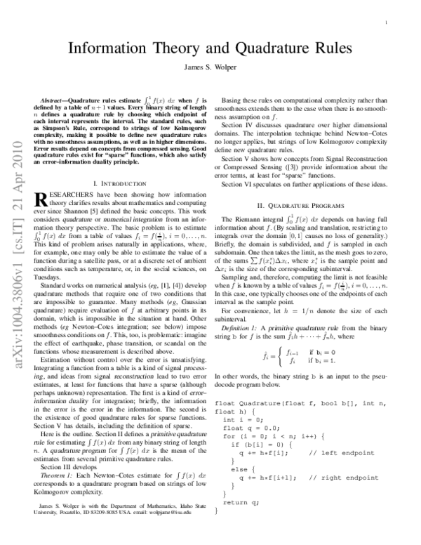 (PDF) 1 Information Theory and Quadrature Rules